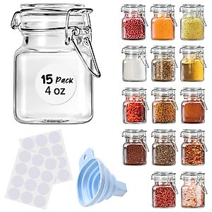 SKOCHE Spice Jars 15 Pack - 4 oz Small Glass Jars with Airtight Hinged Lids, Spice Herb Jars with Labels and Silicone Funnels, 4oz Glass Jars with Lids Ideal for Spice Herbs
