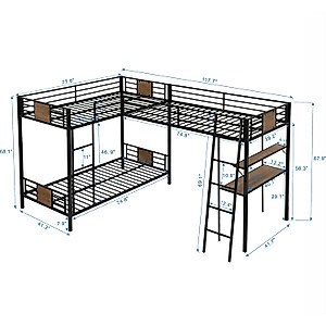 Metal Triple Bunk Bed for Kids Twin Over Twin L-Shape Bunk Bed Attached a Loft Bed with Desk & Shelves 3 Bunked Beds for for Dorm, Boys Girls Teens Kids, Brown