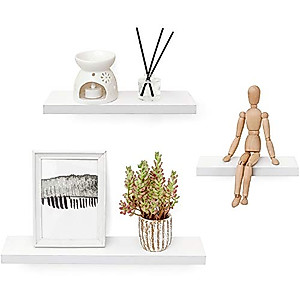 Mkono Floating Shelves White Wood Wall Mounted Rustic Modern Shelf Set of 3 Photo Display Ledges with Invisible Bracket for Living Room Bedroom Bathroom 4" Deep