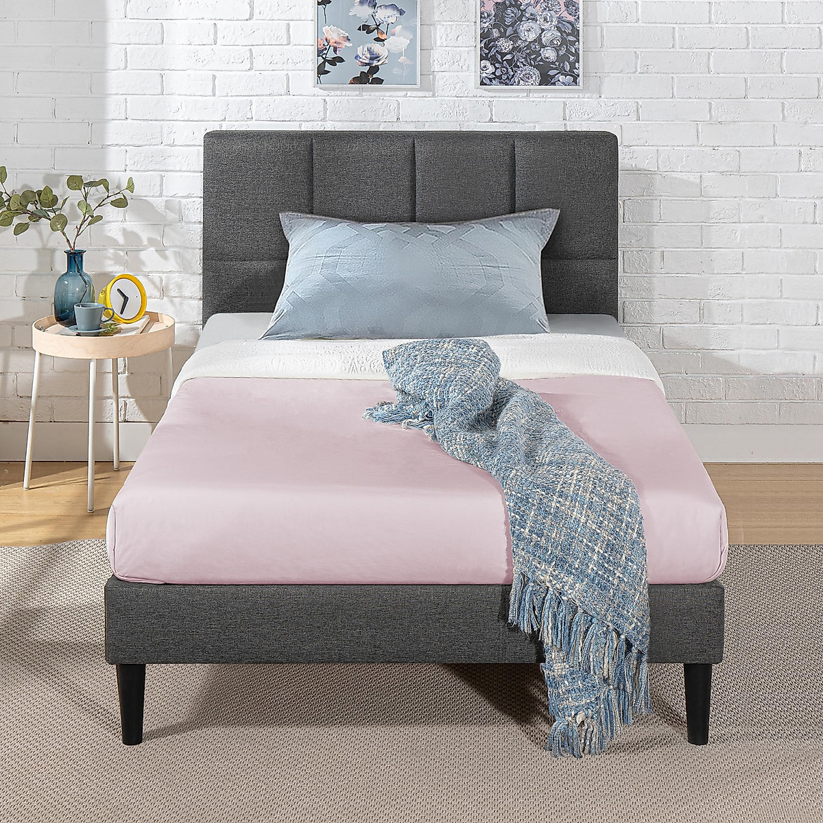 ZINUS Lottie Upholstered Platform Bed Frame with Short Headboard / Mattress Foundation / Wood Slat Support / No Box Spring Needed / Easy Assembly, Grey, Twin