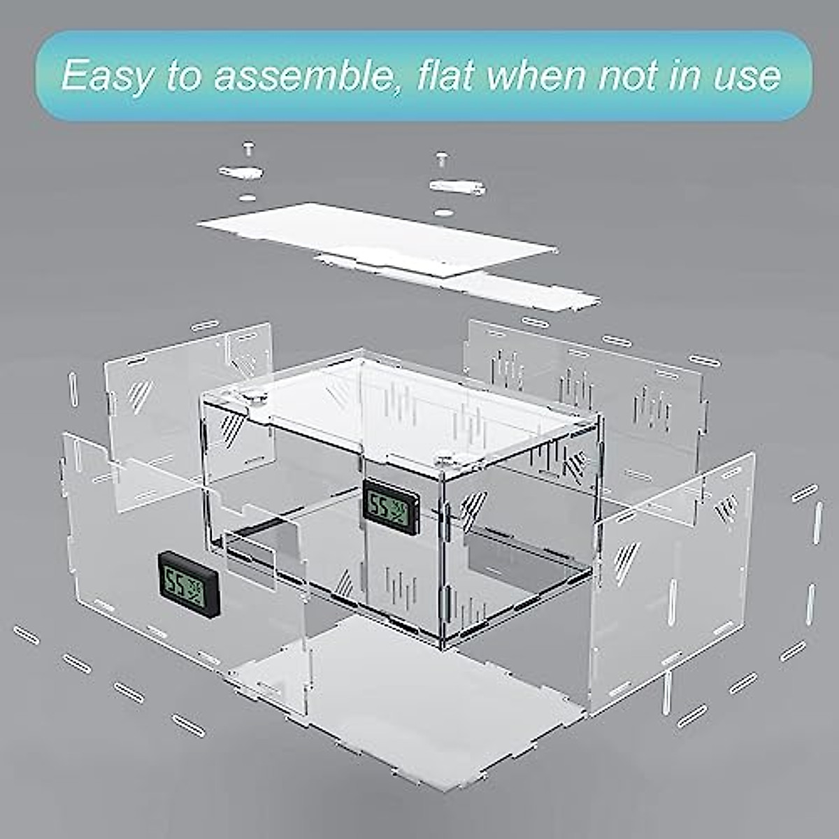 Reptile Terrariums, with Temperature Hygrometer, 11.8"x7.9"x5.9" Acrylic Reptile Breeding Box Terrarium Cage Tank for Small Reptile Insect Home Office