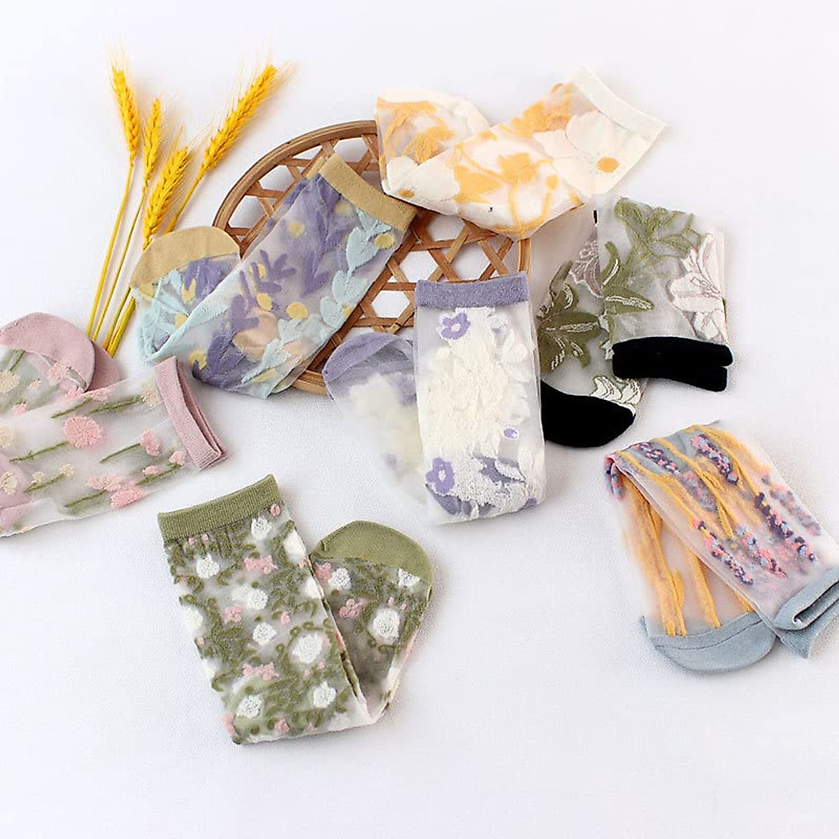 Alafime Coquette Aesthetic Socks Sheer Socks Mesh Socks Women 7 Pairs Kawaii Embroidered Florals Y2K Fulle Tube Socks (6pairs)