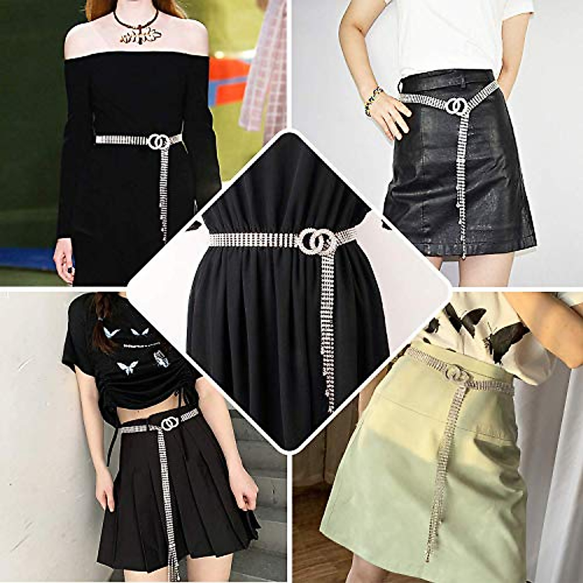 Lovful Women's Dress Belts with Rose Gold Rhinestone,Double O-Ring Sparkle Chain Waistband Belt,Silver,45 inches