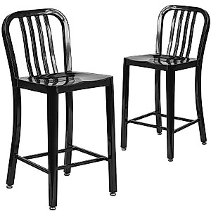 Flash Furniture Gael Commercial Grade 2 Pack 24" High Black Metal Indoor-Outdoor Counter Height Stool with Vertical Slat Back