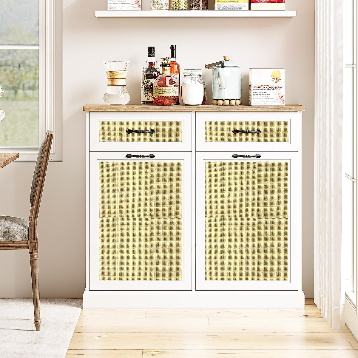 IDEALHOUSE Double Tilt Out Trash Cabinet with Natural Rattan, Hidden Trash Can Cabinet 10 Gallon Storage Holder, Freestanding Garbage Bin Cabinet for Kitchen Dining Living Room