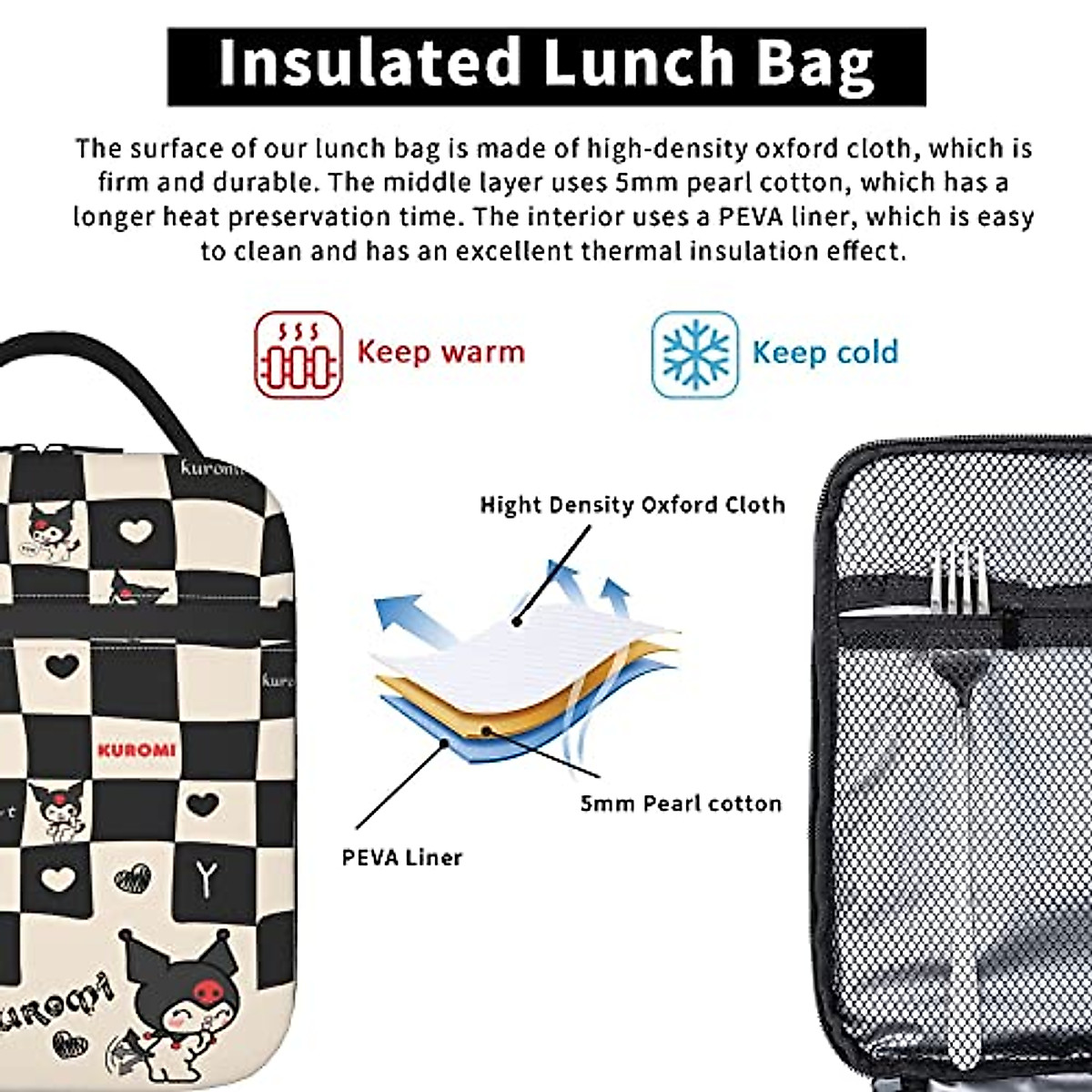 Horckey Kawaii Lunch Box Girls Reusable Insulated Anime Lunch Bag Large Capacity Luncgbags With Water bottle Holder Handbags Tote Bag For Woman