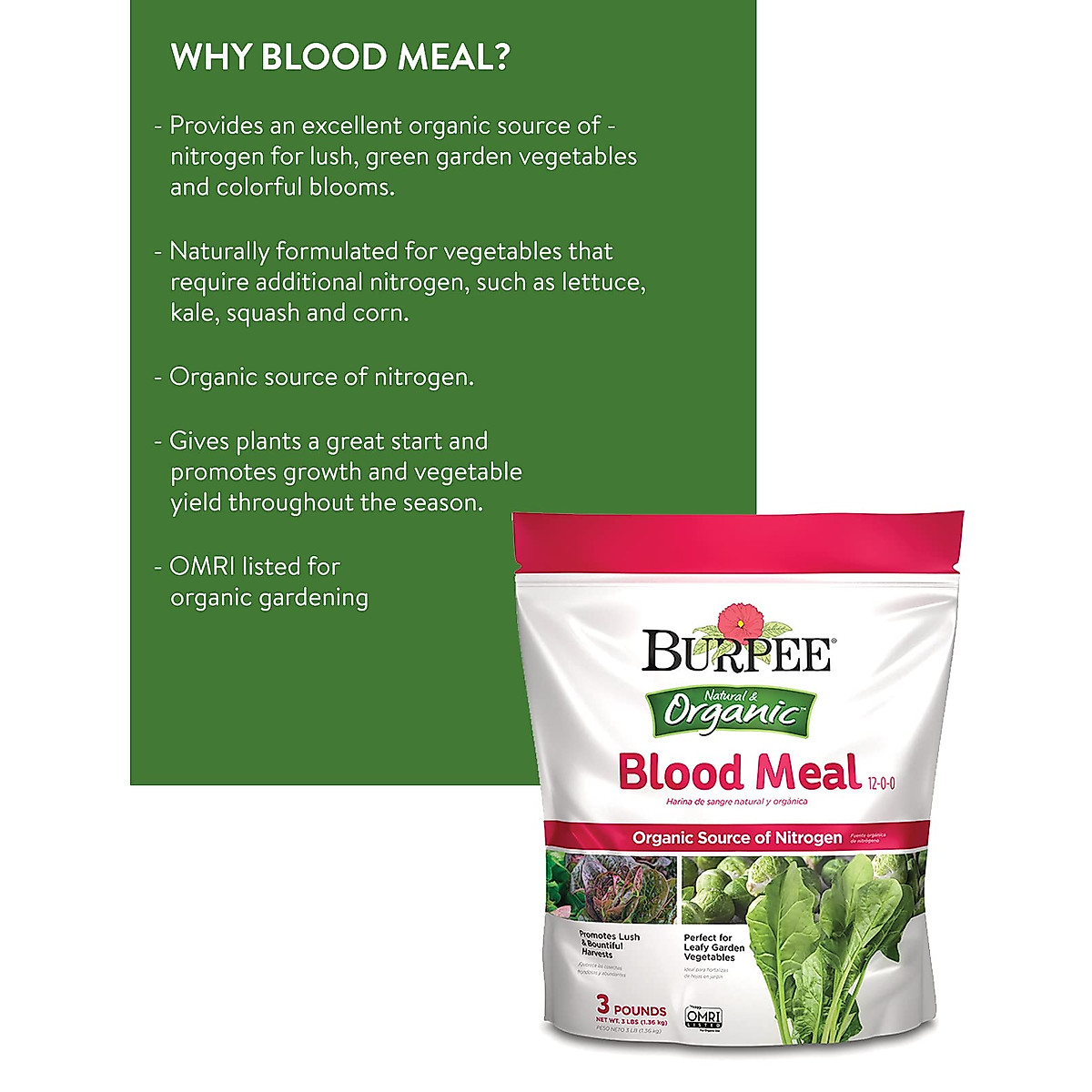 Burpee Organic Blood Meal Fertilizer | Add to Potting Soil | Excellent Natural Source of Nitrogen | for Tomatoes, Spinach, Broccoli, Leafy Greens | 3 lb, 1-Pack