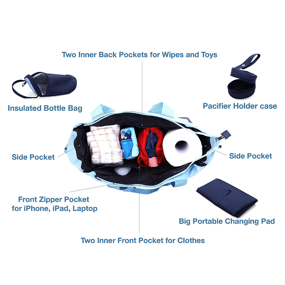 Lumier Diaper Tote Bag -Travel Bag with Changing Pad, Stroller Strap, Pacifier Case -Baby Boy Girl Registry Gift for Mom,Dad