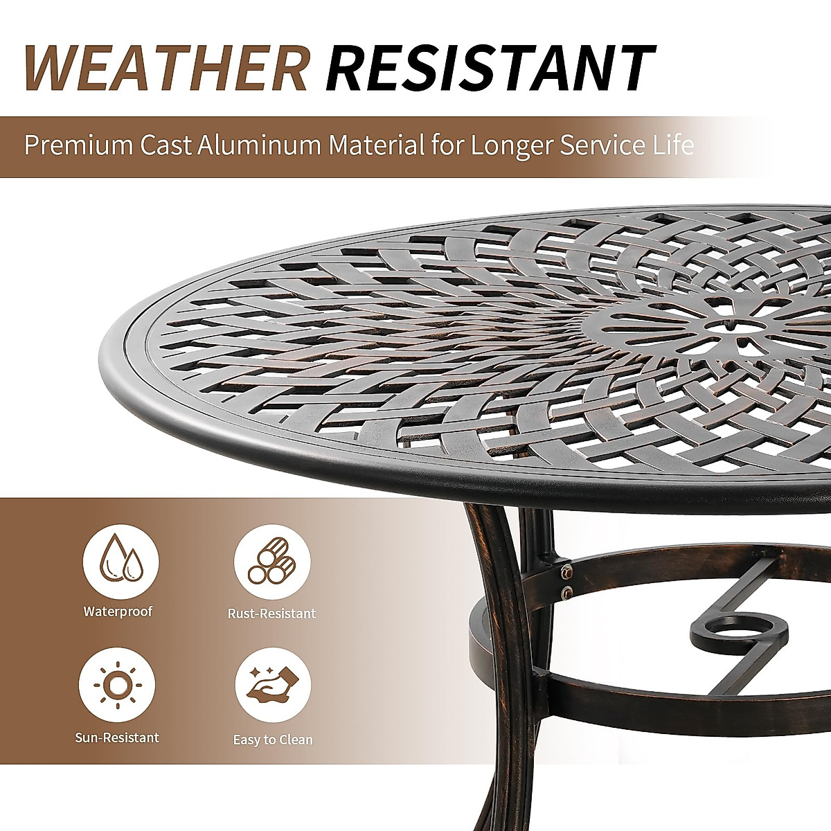 PATIO-IN 48" Patio Table Outdoor Dining Table Round Patio Bistro Table Cast Aluminum Bistro Table with Umbrella Hole,Patio Dining Table Outdoor Furniture Garden Table for 4-6 People,Bronze