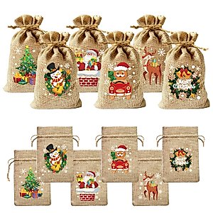 LOMIMOS 36PCS Christmas Burlap Drawstring Bags，Xmas Reusable Linen Jute Gift Goody Candy Wrapping Treat Bags for Snacks Holiday Party Favor Supply(4x6in)