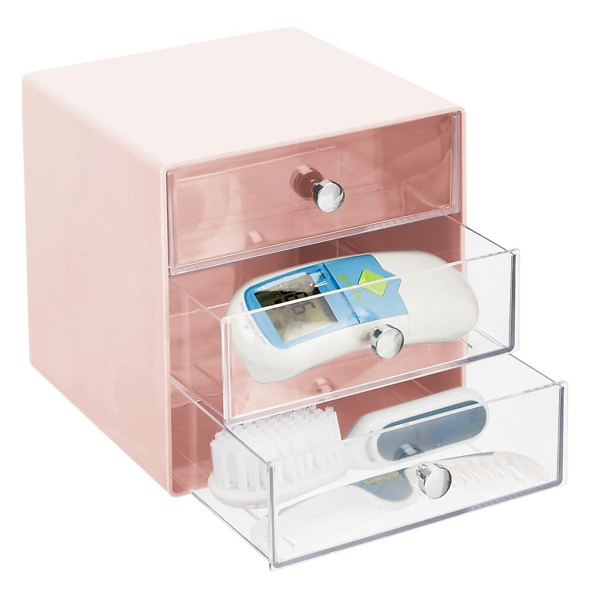 mDesign Plastic 3-Drawer Stackable Nursery Storage Organizer for Baby/Kids Bedroom, Changing Table, Playroom, Modern Organization for Diaper Creams and Small Toys, Lumiere Collection, Light Pink/Clear