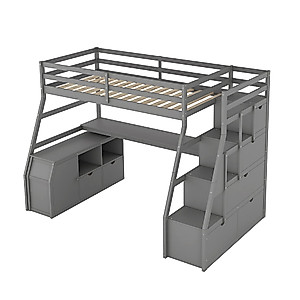 Merax Loft Bed Twin Size, Wooden Frame with Desk and Storage, Space-Saving Design with Convenient Multi-Drawers & Cabinet, for Teens Adults (Grey)