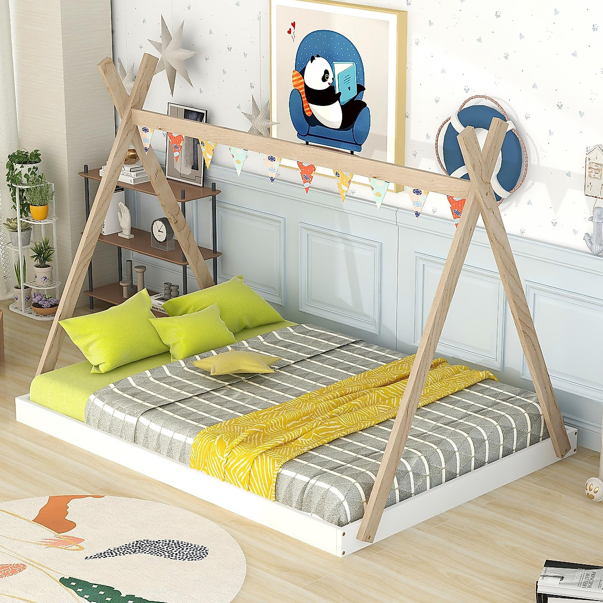 Full Size Teepee Bed for Kids,Tent Floor Bed Frame with Triangle Structure,Montessori Floor Bed for Girls Boys(Full,White)