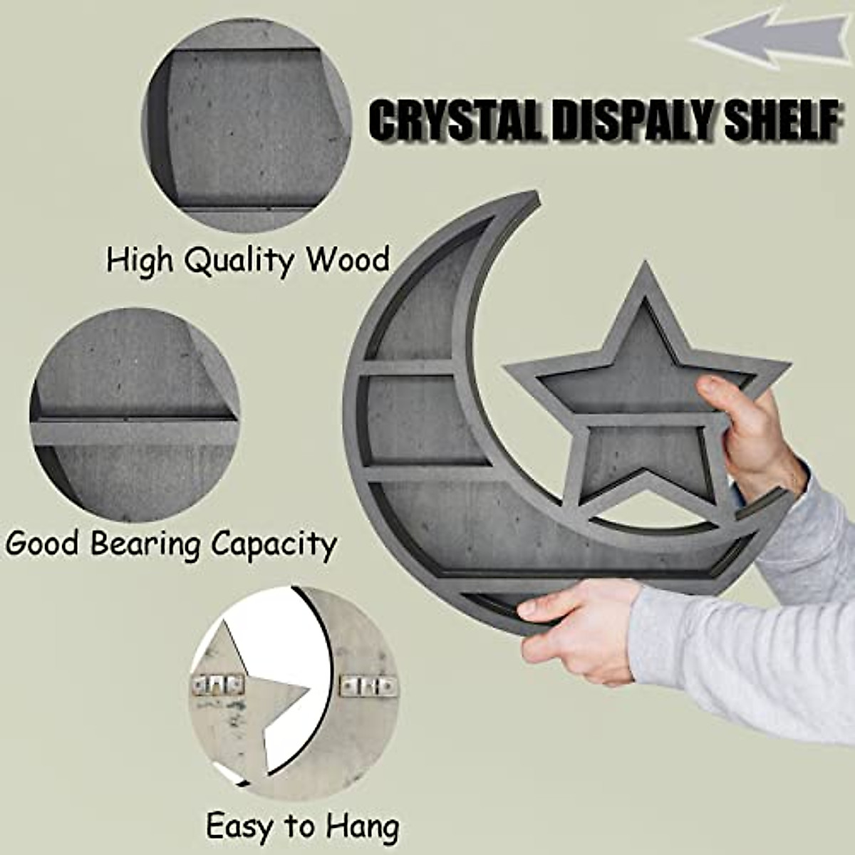 Wooden Moon Shelf, Durable Pine Floating Shelves Engraved Moon Design Shelf for Crystal Essential Oil Display Home Decor-Moon Star04