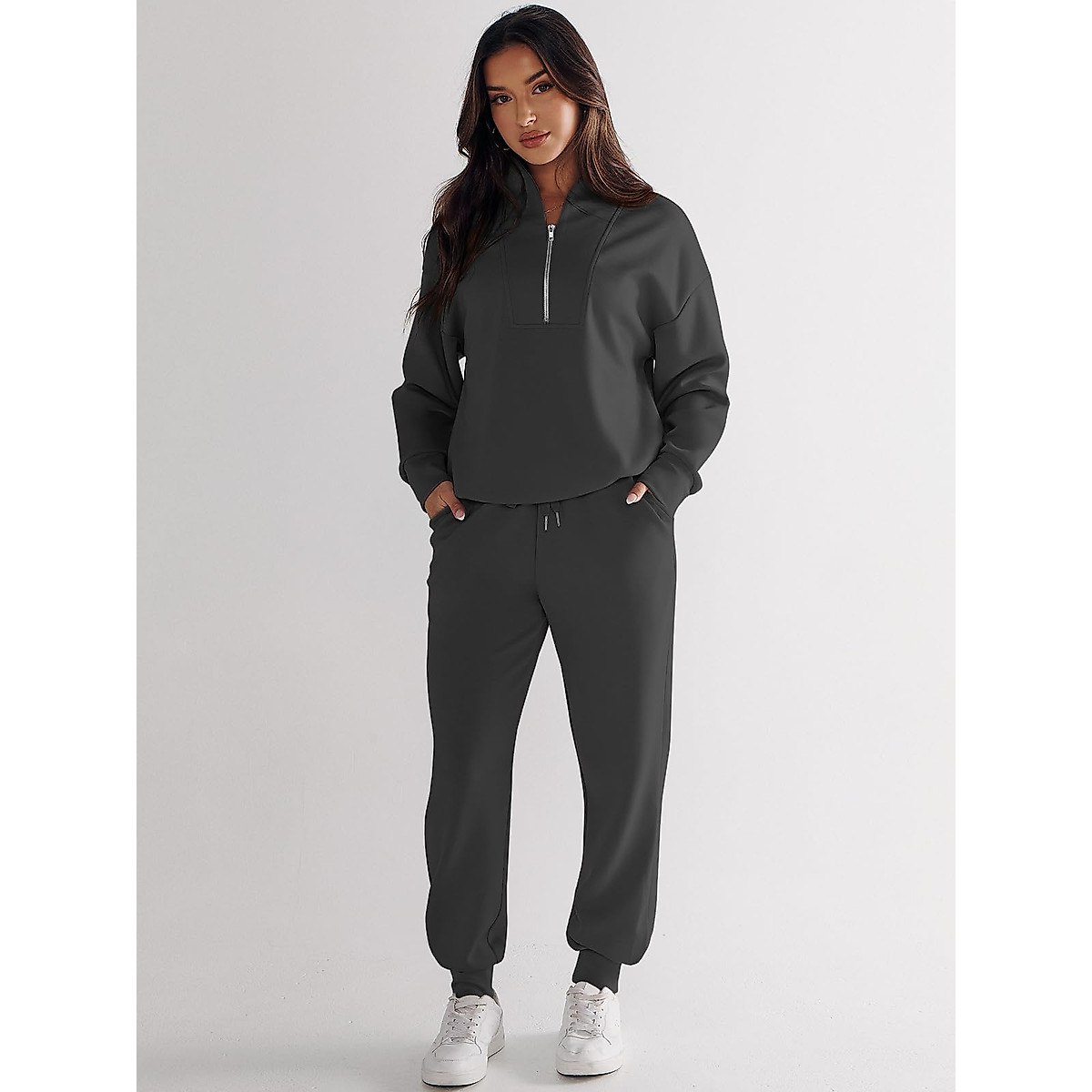 ANRABESS Women's 2 Piece Outfits Sweatsuit Half Zip Sweatshirt Jogger Sweatpant Trendy 2025 Fall Lounge Set Tracksuit Clothes Black Large