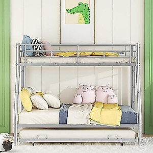 NCKMYB Metal Bunk Bed with Trundle for 3 Twin Over Full Bunk Bed with 2 Ladders, for Kids Teens Adults, Space-Saving Design, Silver
