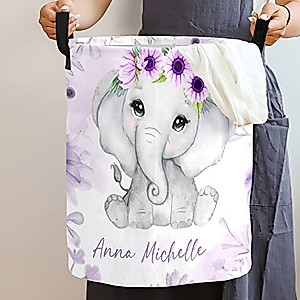 Personalized Laundry Basket, Floral Purple Elephant Custom Storage Bins Laundry Hamper with Name Collapsible Toys Organizer Gift