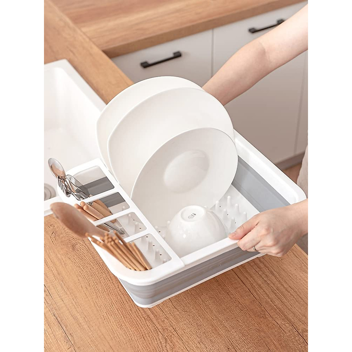 J&V TEXTILES Collapsible Dish Drying Rack - Popup for Easy Storage, Drain Water Directly into The Sink, Room for Eight Large Plates, Sectional Cutlery and Utensil Compartment, Compact (Blue)