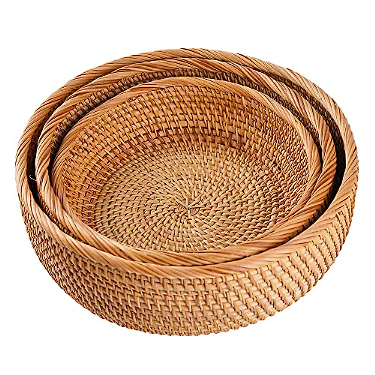FIYAMMY Rattan Bread Baskets, Rattan Round Fruit Baskets, Natural Wicker Storage Bowls Decorative Baskets for Kitchen Set of 3