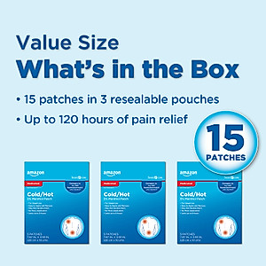 Amazon Basic Care Medicated Cold Hot 5% Menthol Patch, 7.87” x 3.93”, 15-Count Box (Previously HealthWise)