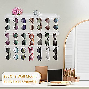 HONZUEN Acrylic Sunglasses Organizer 3 Pack, Clear Sunglasses Storage Holder Wall Mounted, Eyeglasses Holder Hanging Display Rack with Shelf, Eyewear Necklace Hanging for Entryway Living Room Bedroom