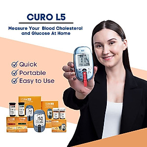All in One CURO Home Blood Cholesterol Test Kit (L5 Device + 10 Total Cholesterol Strips + 10 Triglycerides Strips + 50 Glucose Strips Included)