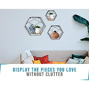 Comfify Industrial Wall Mounted Honeycomb Floating Shelves Set of 3 Decorative Hexagon Metal Wire Shelves – Large, Medium and Small - Modern Shelves for Home, Office and More - Rustic White