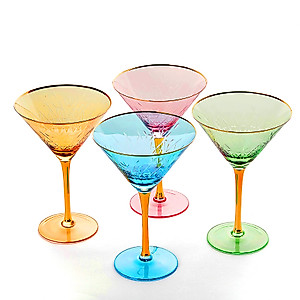 Crystal Martini Glasses Colored - Set of 4 - Stemmed Multi-Color Glass, Great for all Drink Types and Occasions - Luxury, Durable, Hand-Blown Vintage Art Deco Coupe for Champagne, Martini, Cocktails
