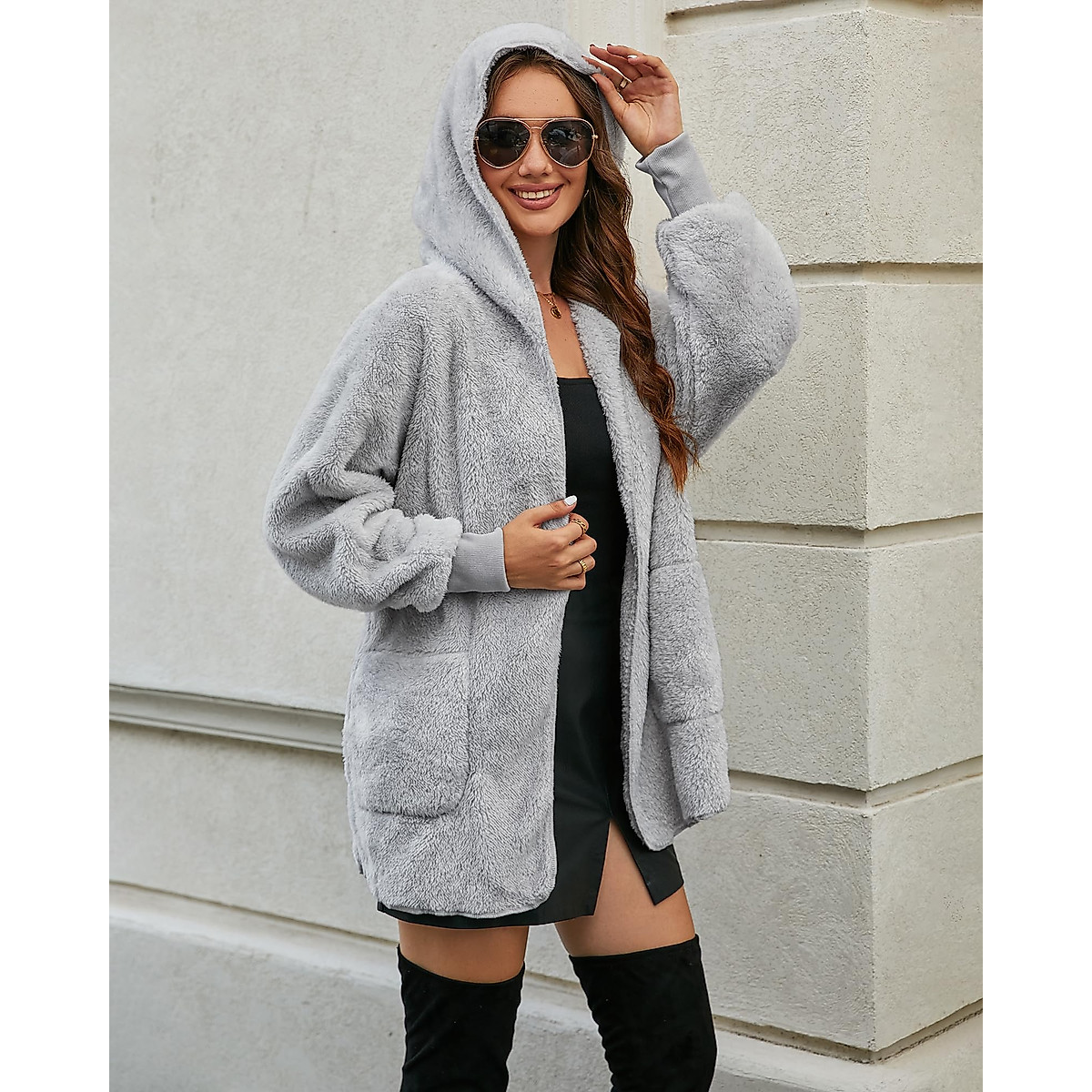 LookbookStore Women 2024 Winter Coats for Women Teddy Jackets Cozy Sweater Fluffy Jackets Women Fuzzy Oversized Cardigan Hooded Coatigan Light Grey Hooded Cardigan Trendy Bed Jacket Size L Size 12 14