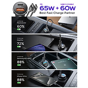 LISEN 95W Car Charger USB C Fast Charge PD65W Super Fast Charging Car Phone Charger Adapter Type C All Metal Cigarette Lighter USB Charger Adapter for iPhone 15 Pro Max iPad Pro Samsung Galaxy