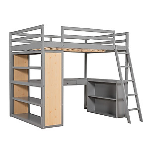 Bellemave Full Loft Bed with Desk and 6 Storage Shelves, Wood Loft Beds Frame with Bookcase and Writing Board, Modern High Loft Bed for Kids Boys Girls Teens, Full Size, White, Gray With Shelves