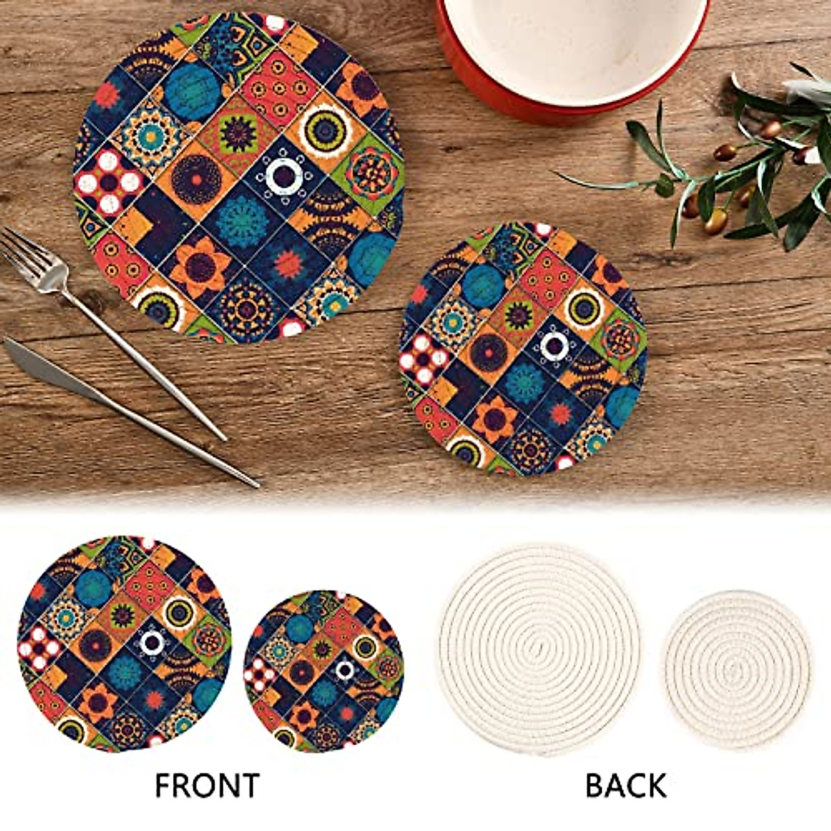 Kigai Classical Nation Flower Pot Holders Trivets Set 2 Pcs,Round 100% Cotton Braided Hot Pads for Hot Dishes Hot Pots and Pans/Kitchen Trivets