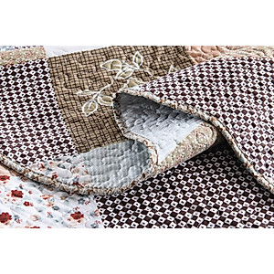 Travan 3-Piece Queen Quilt Set Quilted Bedspread Lightweight Reversible Coverlet Set Floral Printed Quilted Bedding Set with Shams for All Season, Brown Floral, Queen Size