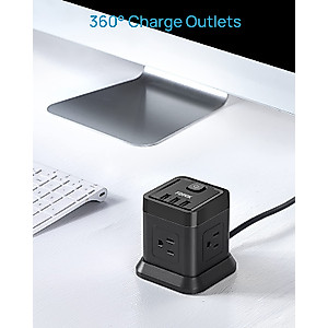 Power Strip with USB, FDTEK Flat Plug Extension Cord with 4 AC and 3 USB, 5 FT Power Cord Desktop Charging Station, Overload Protection, Compact Portable for Travel Home Office Cruise Ship - Black