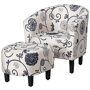 Giantex Accent Chair with Ottoman Set, Upholstered Barrel Chair with Footrest, Modern Accent Armchair with Ottoman, Round Club Chair for Living Room, Bedroom, Small Space