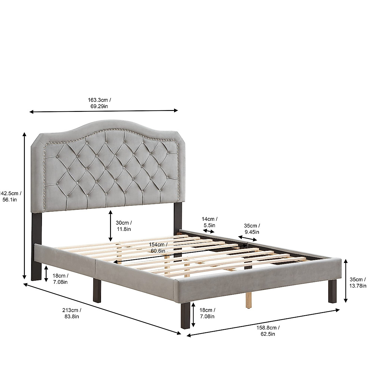 Prohon Queen Platform Bed with Tufted Trim Headboard, Upholstered Bed Frame Curved Bedframes for Kids, Teen & Adults, No Box Spring Needed, 83.8"L x 69.29"W x 42.5"H, Grey