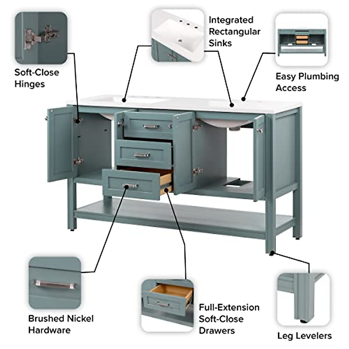 Spring Mill Cabinets Eaton Double Bathroom Vanity with 2 Cabinets, 3 Drawers, Open Shelf, Sink, 60.25" W x 18.75" D x 35.41" H, Sage/White Top