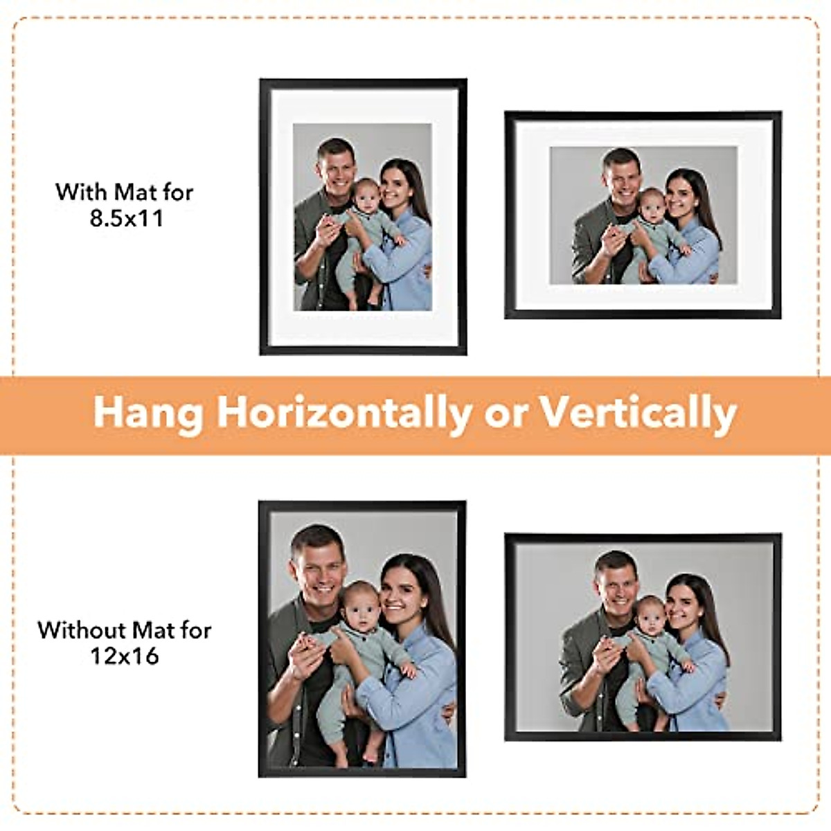 SYNTRIFIC 12x16 Picture Frames Set of 6,Display Pictures 8.5x11 with Mat or 12x16 Without Mat,Wall Gallery Photo Frames Larger Picture Frames for Wall Mounting,Black