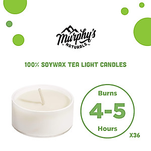 Murphy’s Naturals Soy Wax Tea Light Candles | Vegan | Responsibly Sourced Soy Wax | Fragrance Free | 36 Candles Per Box