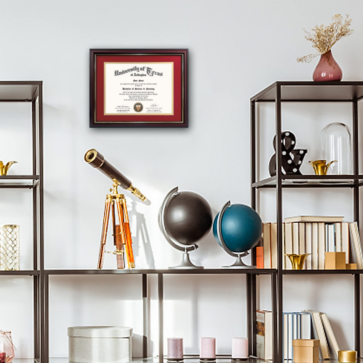 GraduationMall 8.5x11 Diploma Frame with Red over Gold Mat or Display 11x14 Certificate without Mat,Solid Wood & UV Protection Acrylic,Cherry Finish with Gold Trim