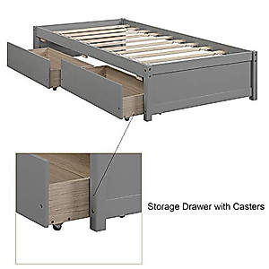 Twin Size Platform Bed with 2 Storage Drawers,Twin Bed Frame with Storage, Solid Wood Daybed with No Headboard for Kids Teen Grils Boys,Easy Assembly (Gray)