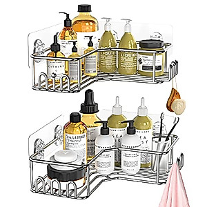 HOMEASY Corner Caddy Shelf for Shower Wall Mount, Shower Organizer Corner Adhesive No Drilling, 304 Stainless Steel Storage Corner Shower Caddy Shelf with Hooks for Bathroom,Toilet,Kitchen,rv -2 Pack