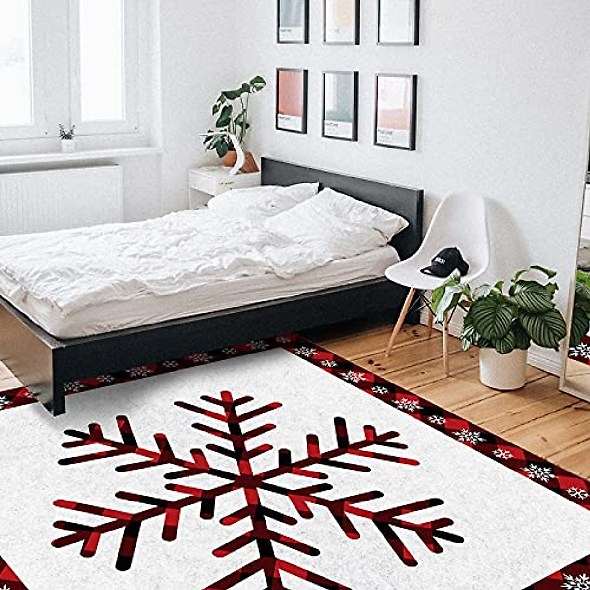 Area Rug Absorbent Non-Slip Rectangle Rug Christmas Red Lattice Snowflake White Rugs for Living Room Bedroom Kitchen Entryway, Soft Floor Mat Indoor Carpet Accent Rugs 2x3 Feet