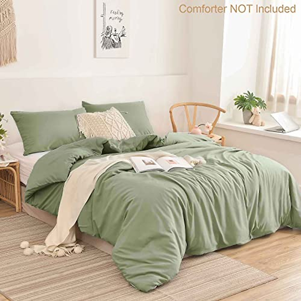 Nanko Queen Duvet Cover Set Sage Green Light Green 3pc 90x90 Luxury Microfiber Comforter Quilt Bedding Cover with Deco Buttons Zip Closure Ties - Modern Elegant Style for Men and Women Chambray Teen