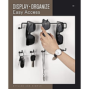 Emibele Sunglass Organizer Wall Key Holder, Decorative Wood Wall Jewelry Organizer Glasses and Sunglass Holder Display with 5 Hooks Key Rack Hanging Eyeglass Storage for Entryway Living Room, White
