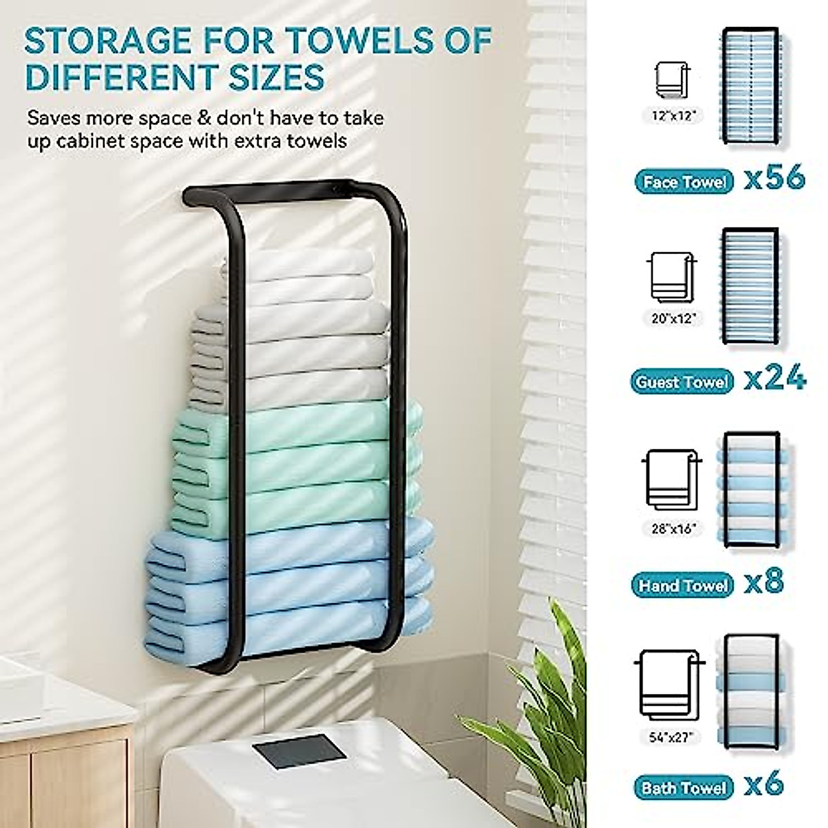 Towel Racks for Bathroom, 30 Inch Stainless Steel Wall Mounted Towel Rack, Bath Towel Holder Wall Towel Rack for Rolled Towels, Modern Bathroom Organizer for Small Space Bathroom Towel Storage - Black