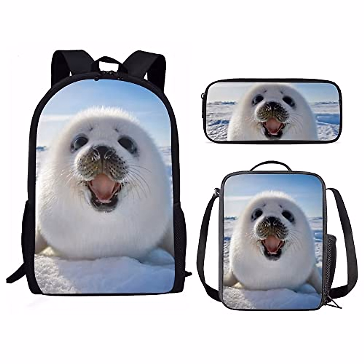 AmzPrint White Seal Backpack Lunch Box Set With School Pencil Bag 3 In 1 Fashion Back To School Kawaii Backpack Set