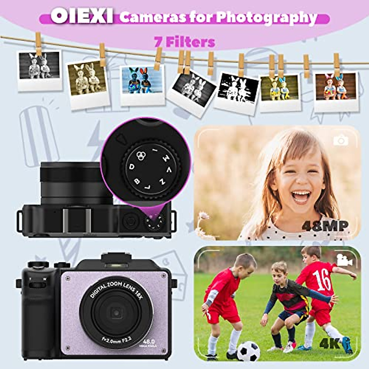 OIEXI 48MP Camera for Photography,4K Digital Camera for Kids and Adults with Front and Rear Dual Cameras,18X Digital Zoom,Built-in 7 Color Filters,32GB TF Card,Rechargeable Battery(Lilac Violet)
