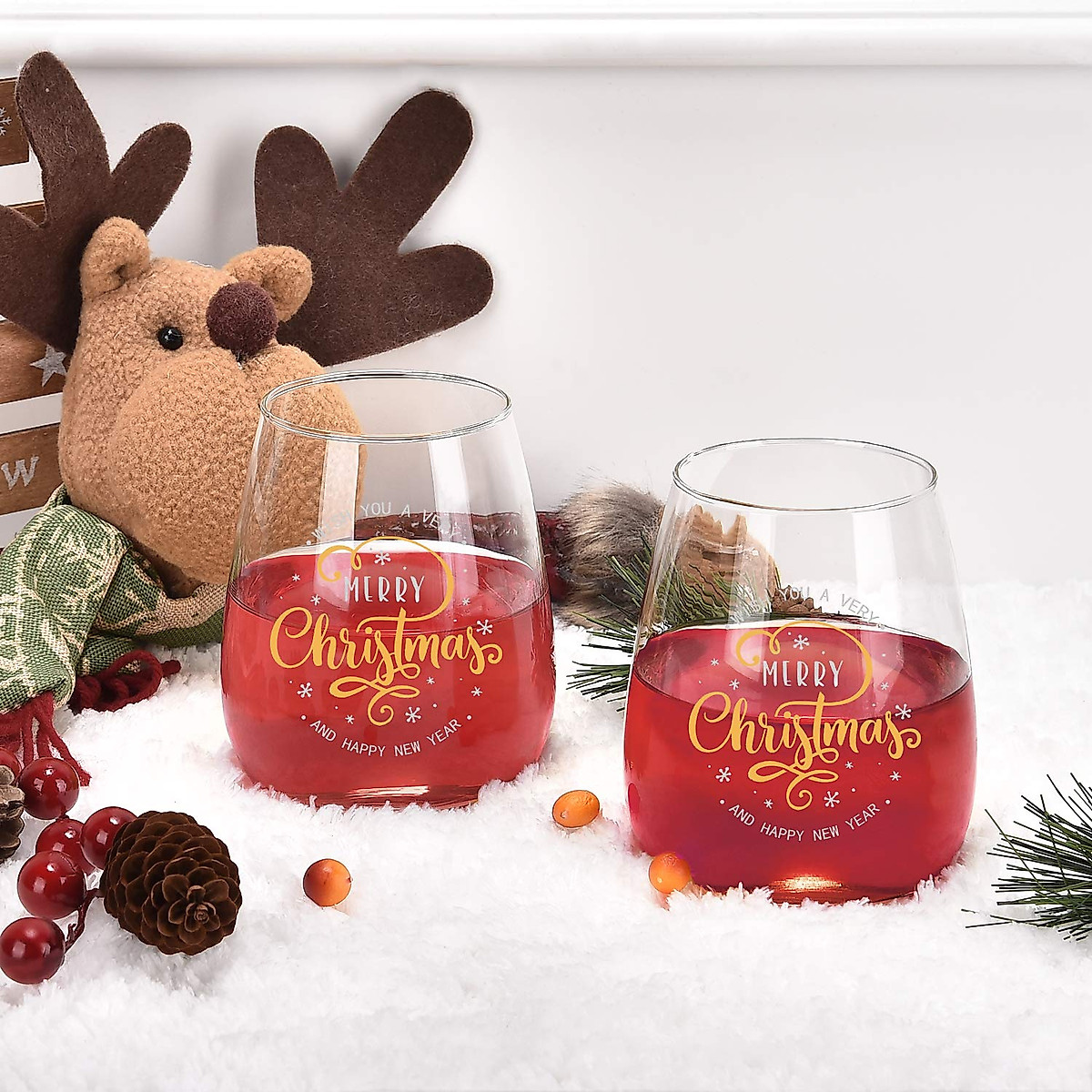 Merry Christmas Stemless Wine Glasses 15 Oz Funny Wine Glasses for Women Friends Men, Unique Glass Set Idea for Christmas, Set of 2