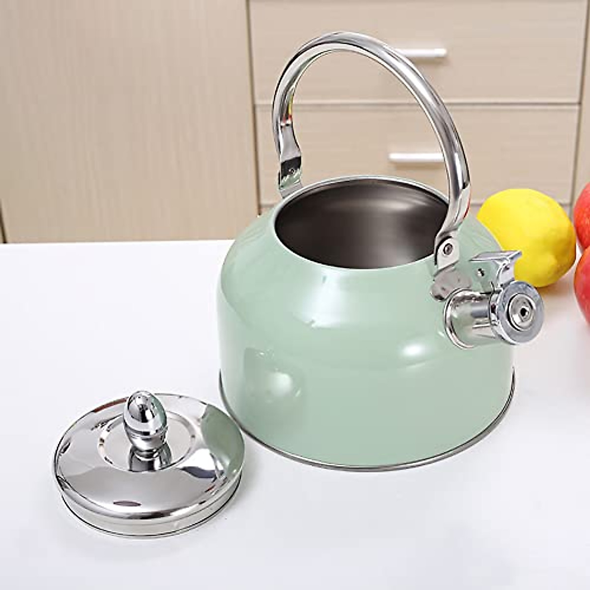 Fast Boiling Whistling Teapot for Stove top, Ultralight Tea Kettle Stainless Steel 3L Water Kettles with Heat Resistant Ergonomic Handle for Outdoor / Home Kitchen, Green, (FL1002)